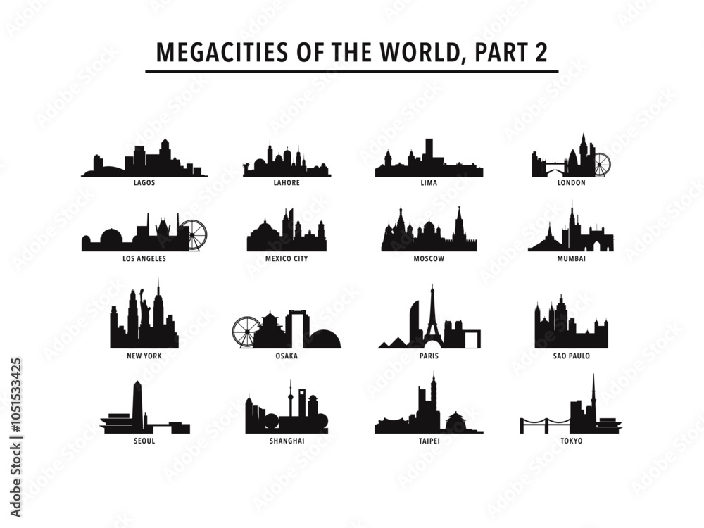 Collection of megacities logos, icons with skylines of Lagos, Lahore, Lima, London, Los Angeles ...