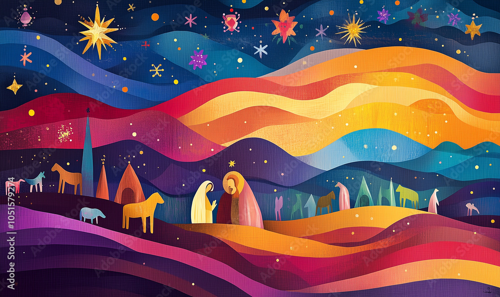 Christmas nativity scene colourful illustration design. silhouette ...