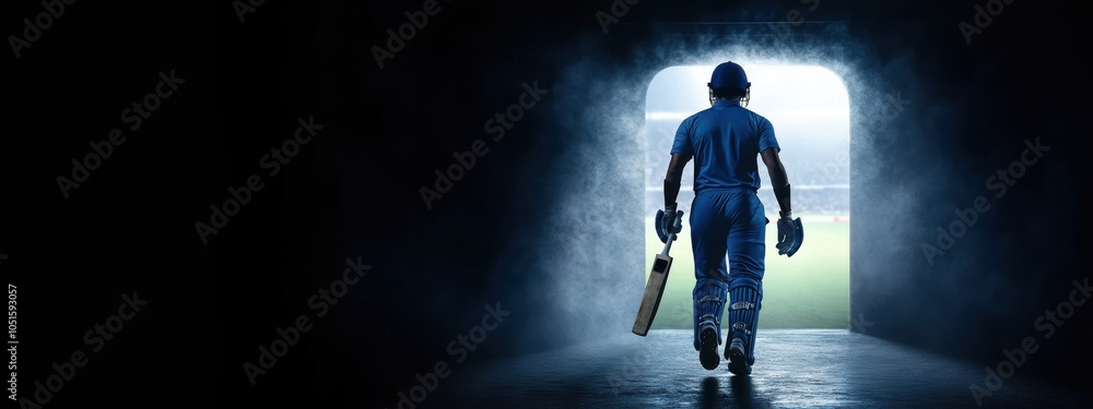 Back view of man, professional cricketer, dressed in blue uniform ...