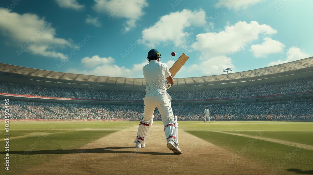 Back view. Cricketer standing on open air stadium and striking ball ...