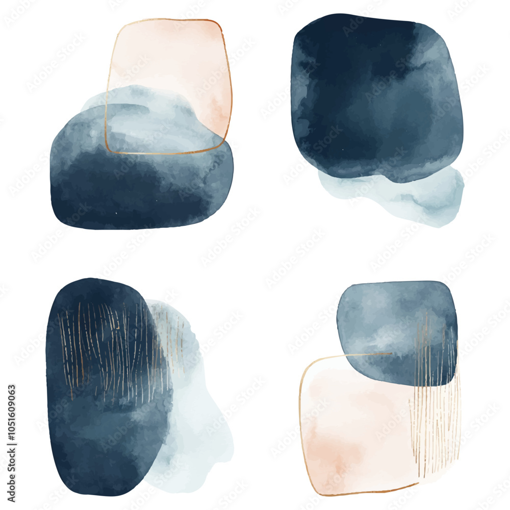 Watercolor, soft pastel minimal shapes, navy blue and taupe square ...