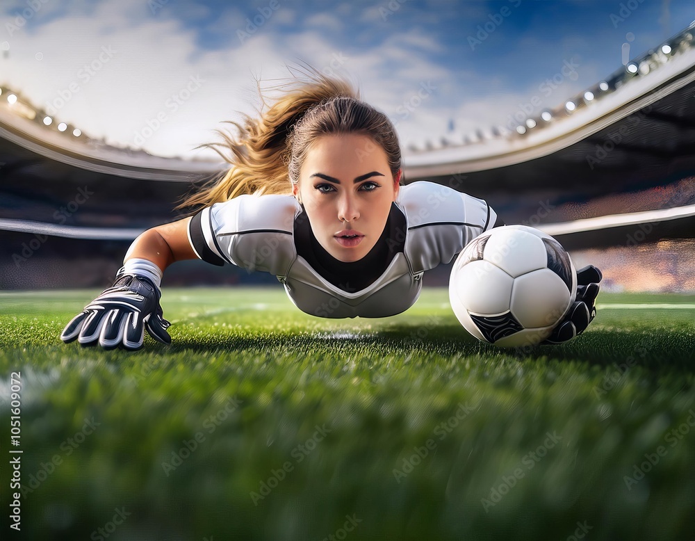 Woman goalkeeper is on the ground with a soccer ball in front of her ...