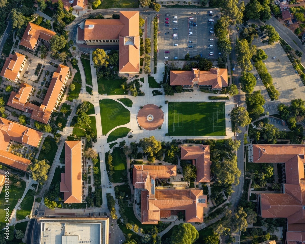 Bird's eye view of a spacious university campus with green lawns ...