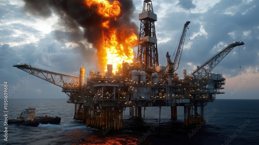 Oil rig fire explosion, dramatic flames engulfing offshore platform ...