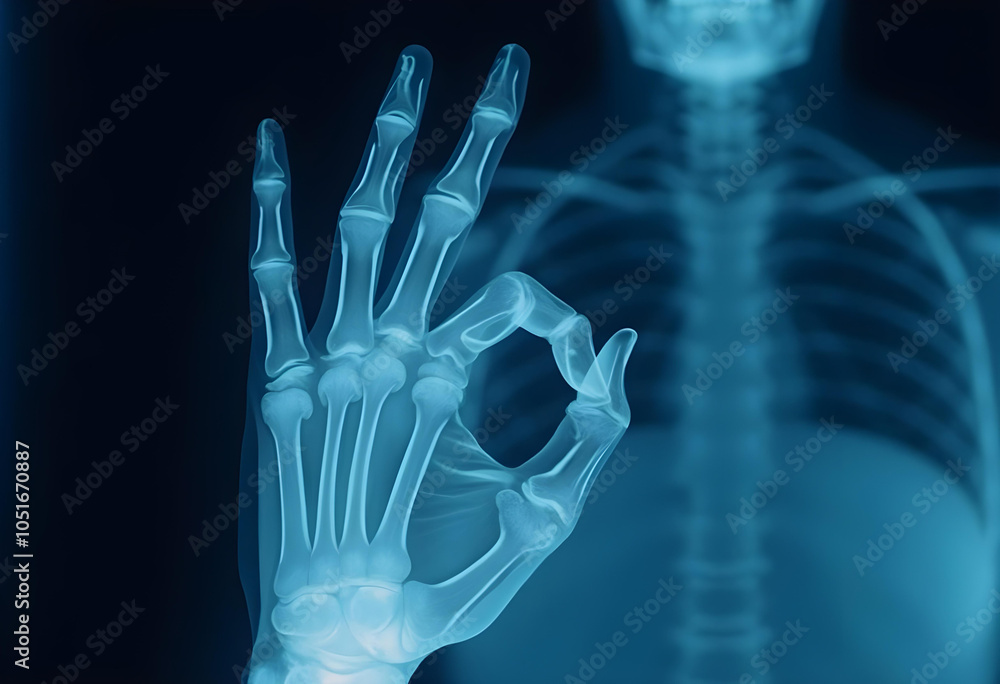 X ray image showing human hand making OK gesture, highlighting skeletal ...