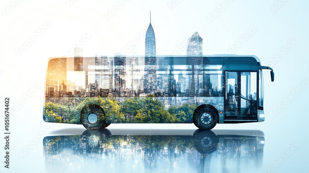 Double exposure image of a city skyline blending with a bus ...