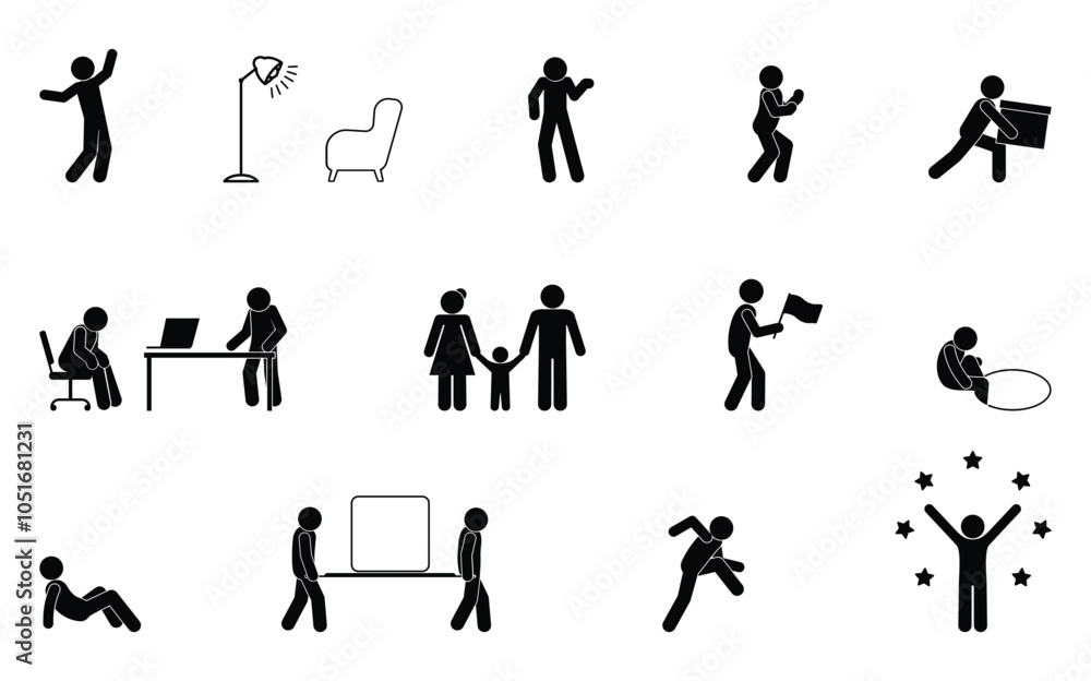 stick figure man icon, isolated stickman, people silhouettes, different ...