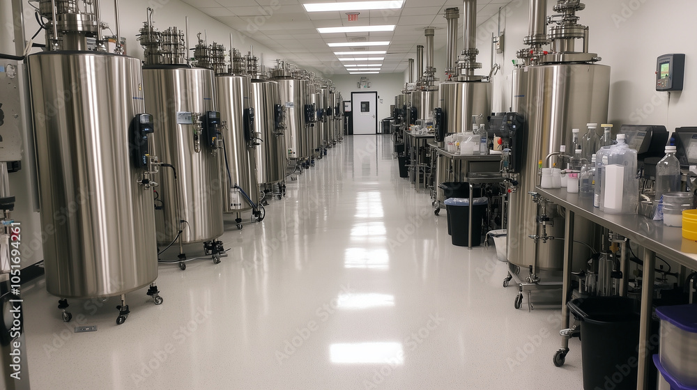 A large-scale industrial fermentation setup, where stainless steel ...