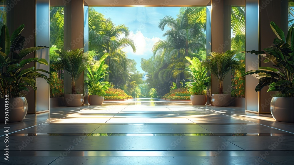 An ultra-modern tropical resort admin entrance, wide pathway leading to ...