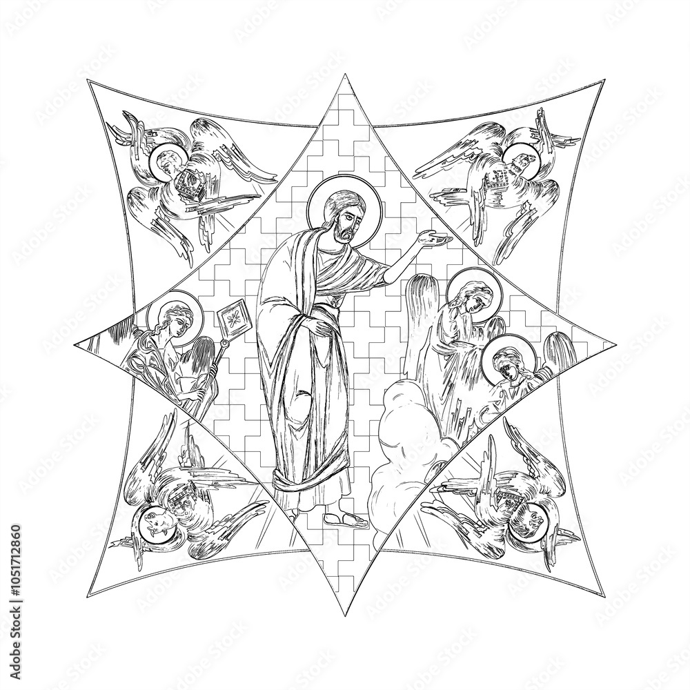 Jesus Christ. Cross dome with 4 apostles, angels and seraphim. Coloring ...