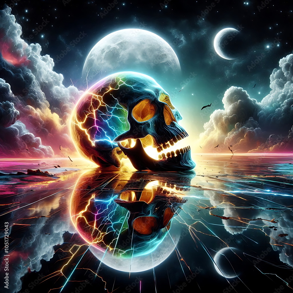 Giant Human Skull , Colorful Landscape - with Neon Light, Moon, Clouds ...