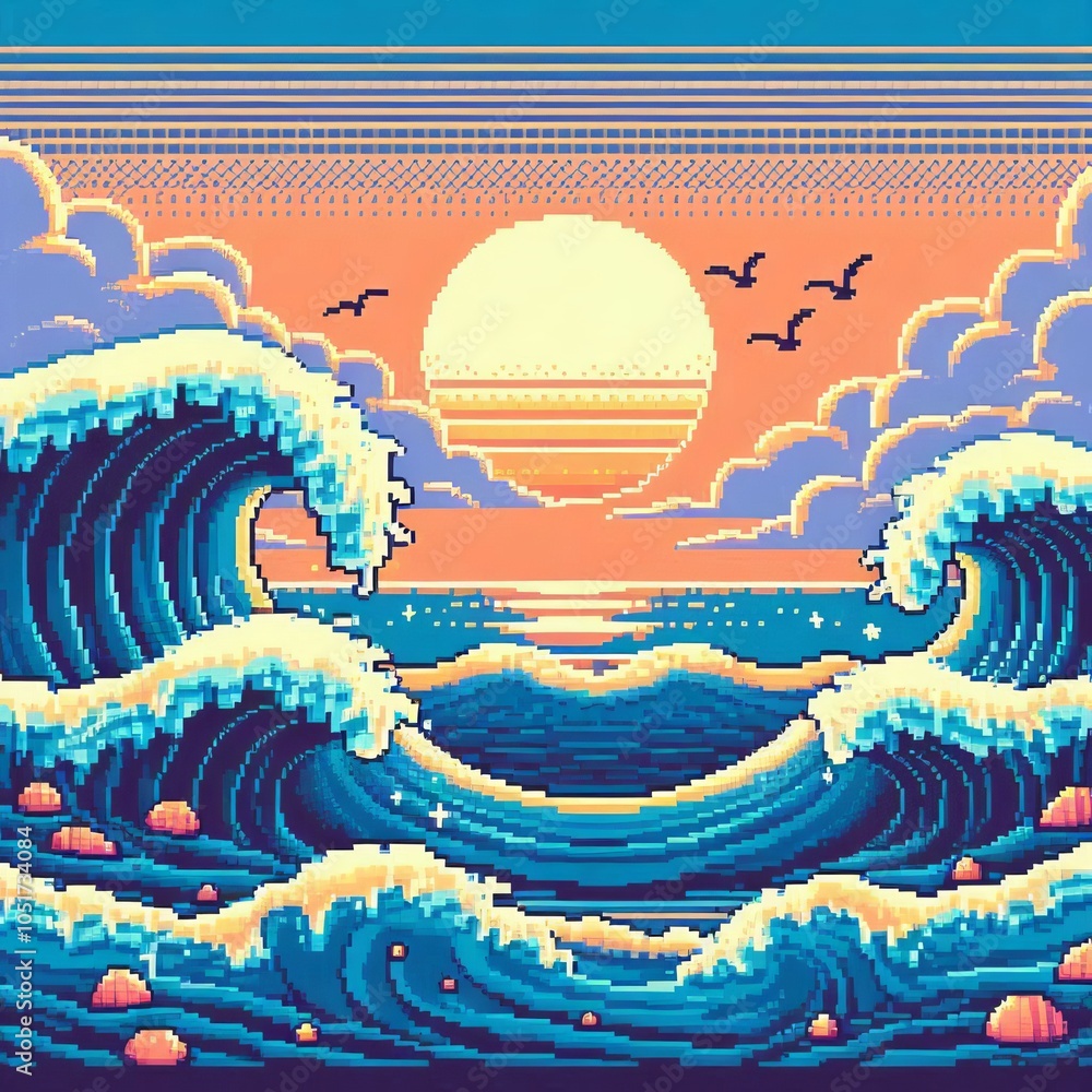 Pixelated Waves Retro pixel art style with limited color palette Stock ...