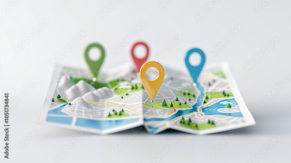 Map with location markers and landmarks in vibrant colors showing ...