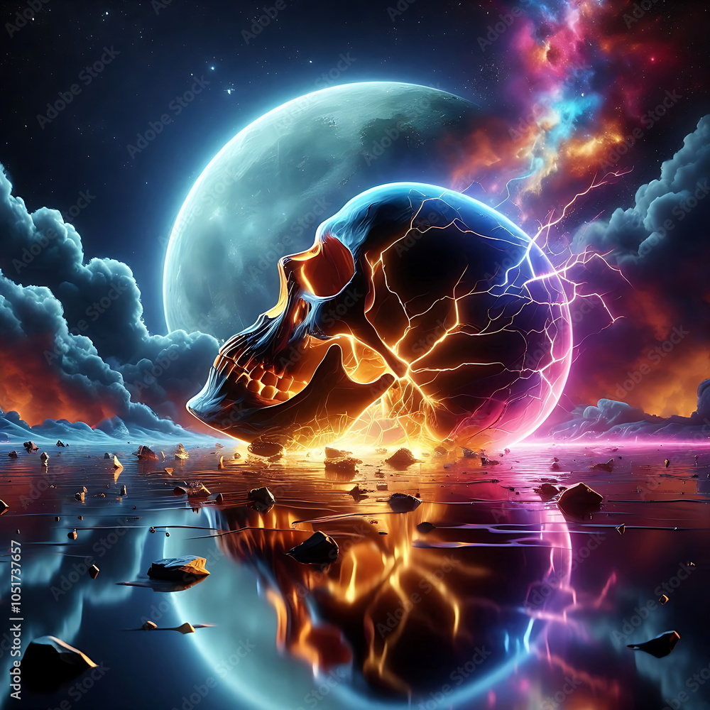 Giant Human Skull , Colorful Landscape - with Neon Light, Moon, Clouds ...