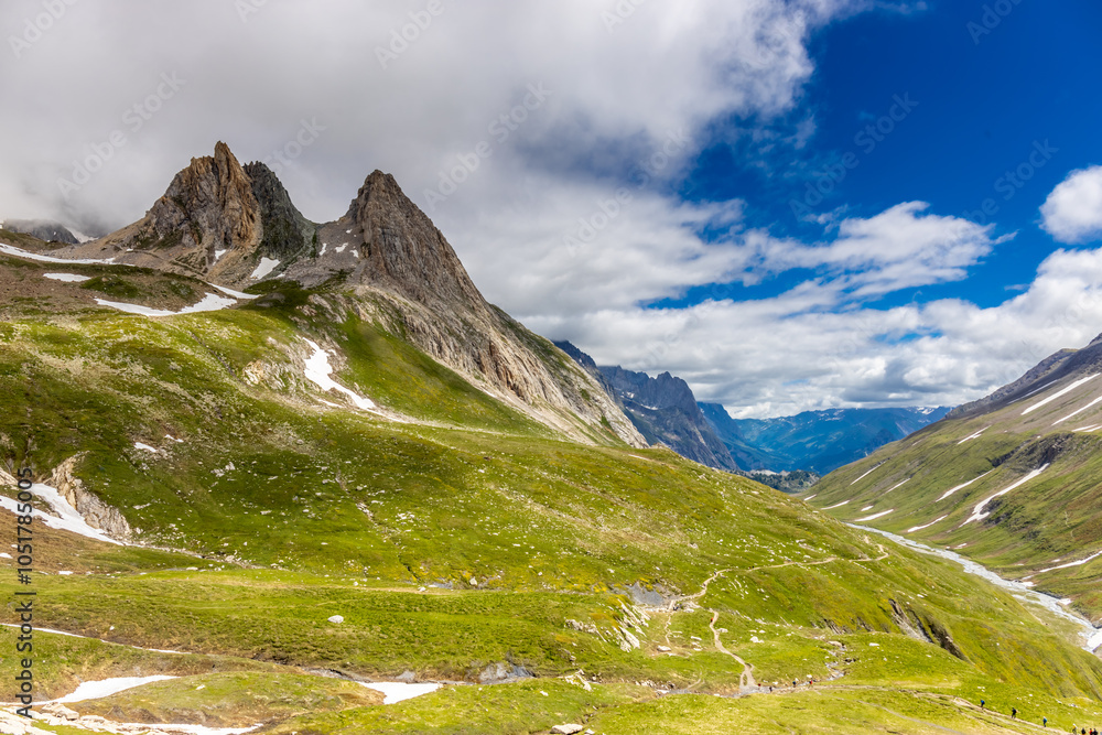 Chamonix rocky granite mountain peaks in french Alps around Mont Blanc ...