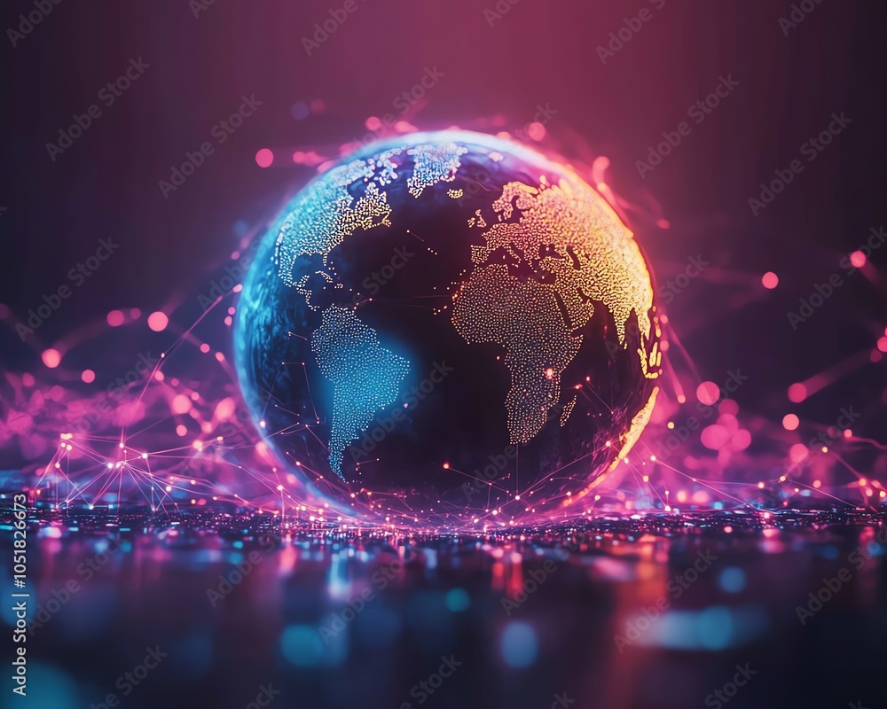 Digital Earth globe with animated data blocks, virtual connections forming a global network ...