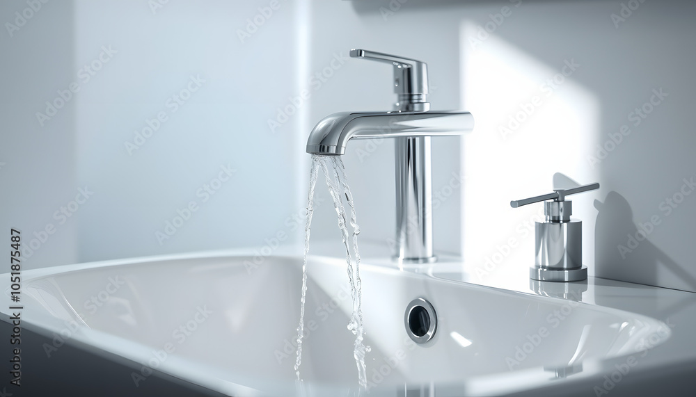 Chrome water tap with white ceramic wash basin. Modern stainless steel ...