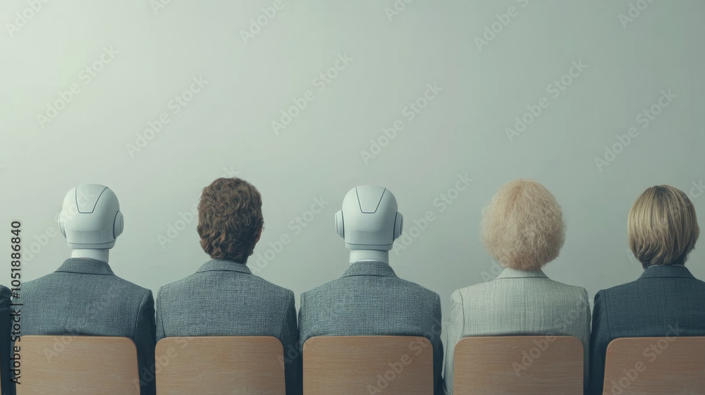 image features group of humanoid robots and humans seated in row ...