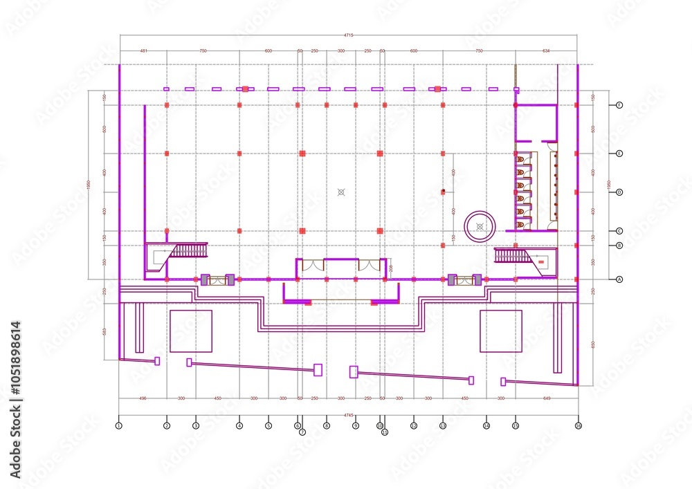 2D top-view floor plan of a mosque ground floor with detailed notations ...
