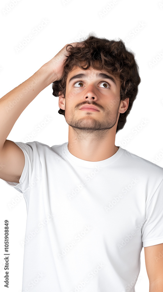 Man in white shirt scratching his head with confused expression on ...