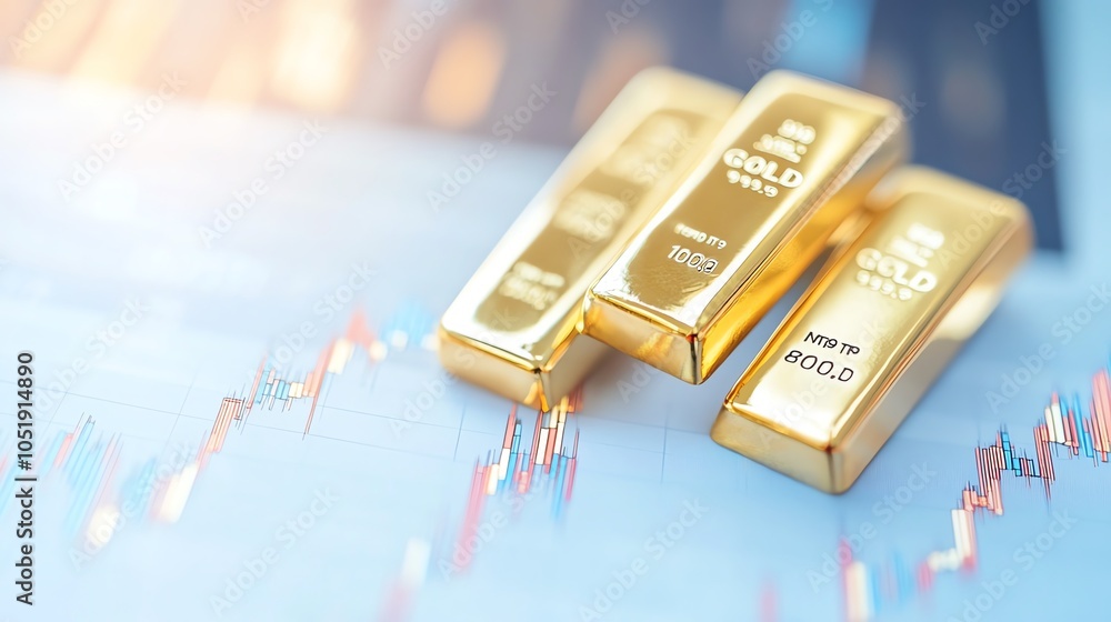 Gold bars atop an upwardtrending demand chart with stock market symbols ...