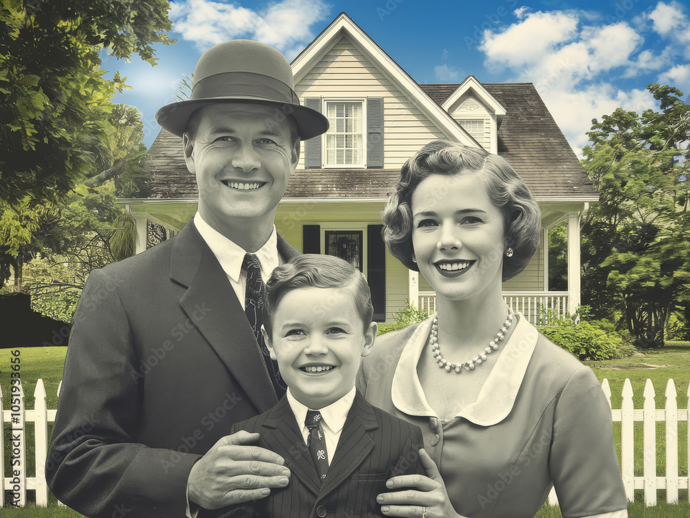 Retro family portrait in front of vintage suburban home Stock ...