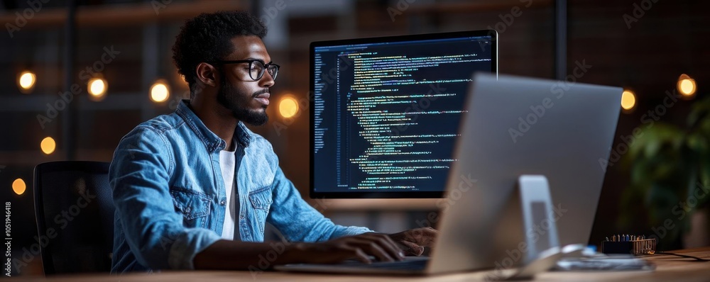6 Fullstack developer working on cloud integration, coding in the background, modern software ...