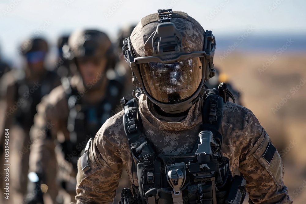 A line of humanoid robots equipped with high-tech combat gear is shown ...