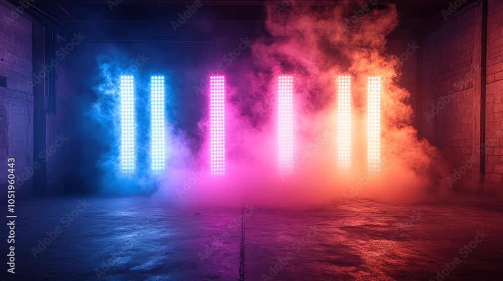 Illustrazione stock di Bright stadium arena lights, Smoke bombs, empty ...