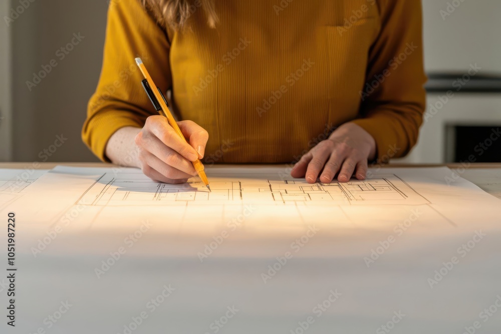 Visualization of an architect drawing floor plans on a large drafting ...