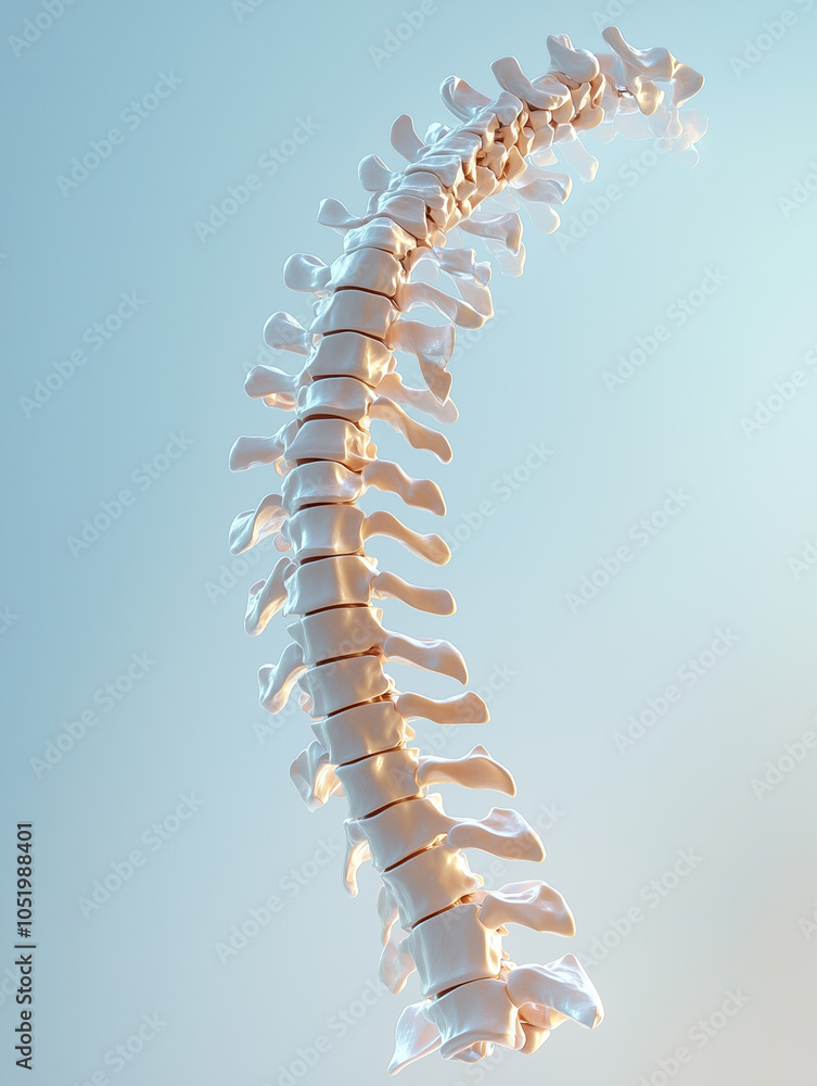 3D medical illustration of a detailed human spine with scoliosis ...