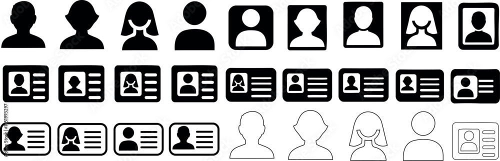 Profile icons and ID card symbols in various styles. Simple black and ...