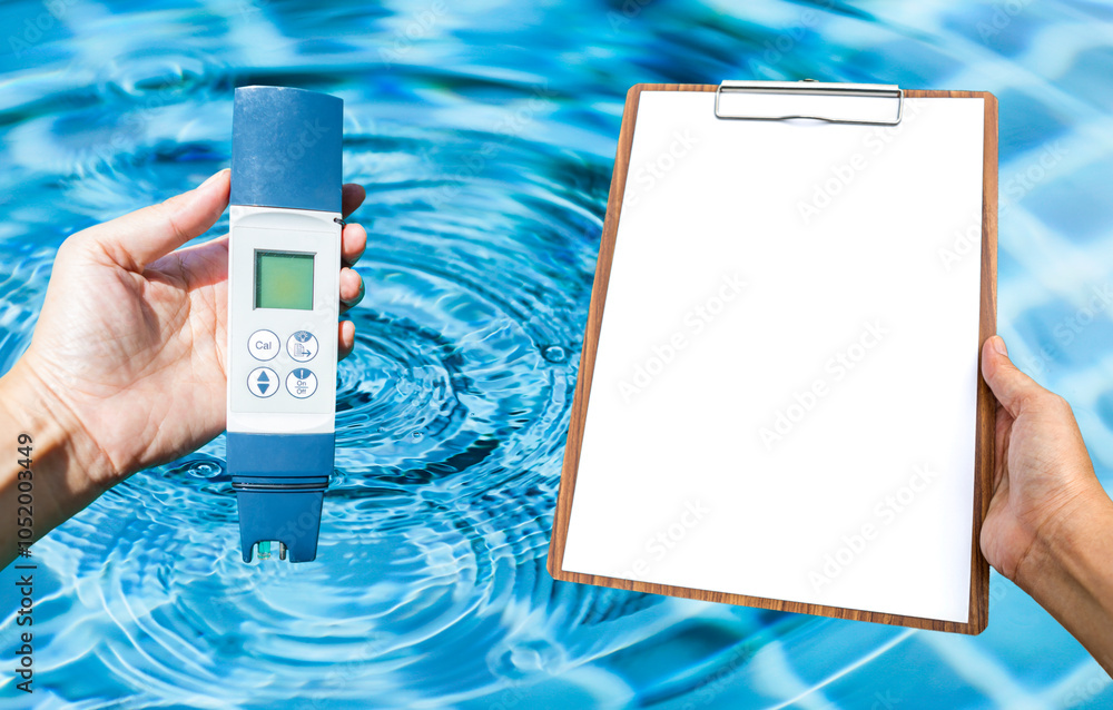 Water digital tester and clipboard in girl hand over blurred clear ...