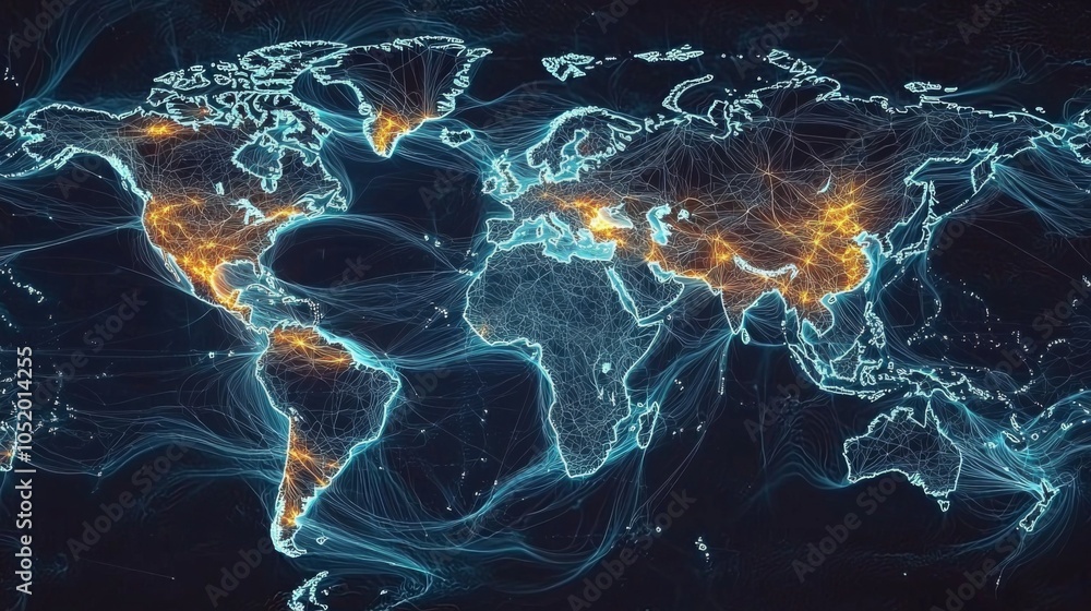 Global trade routes visualized as glowing lines connecting continents ...