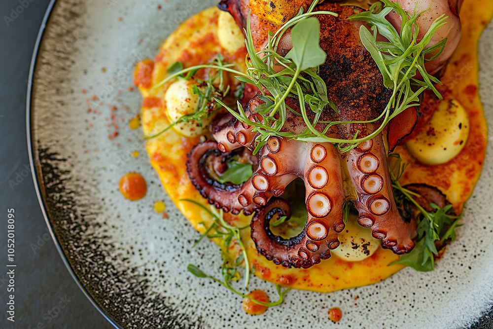 Grilled octopus with sauce on a plate in restaurant. Traditional ...