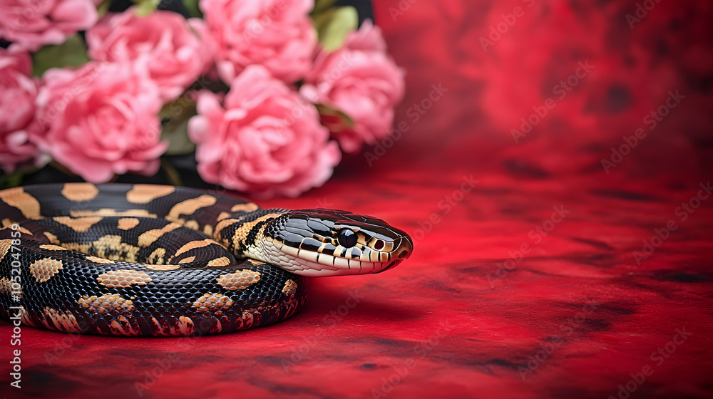 Black and Yellow Snake with Pink Flowers on Red Background, reptile ...