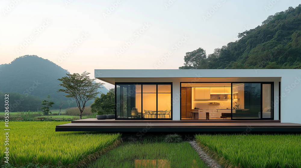 Modern minimalist style, single-story small house design in the rice ...
