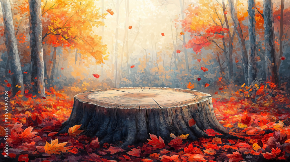 Mock-up tree stump podium in the middle of a serene autumn forest ...