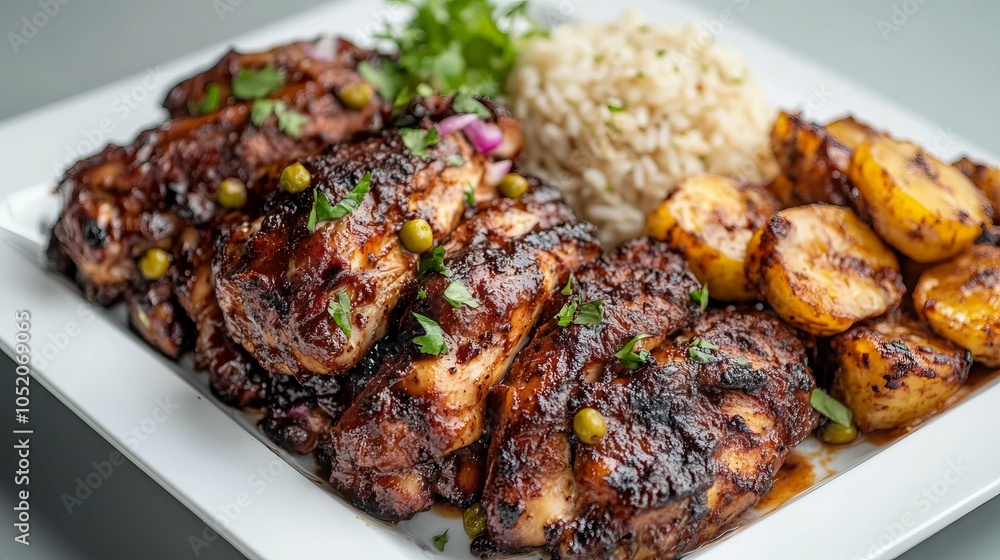Platter of Smoky Jerk Chicken with a Side of Rice and Peas and ...