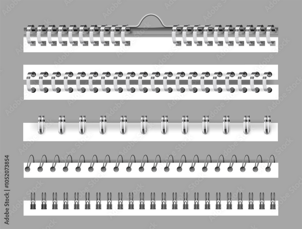 Metal binders set, isolated realistic silver or black spiral coils for ...