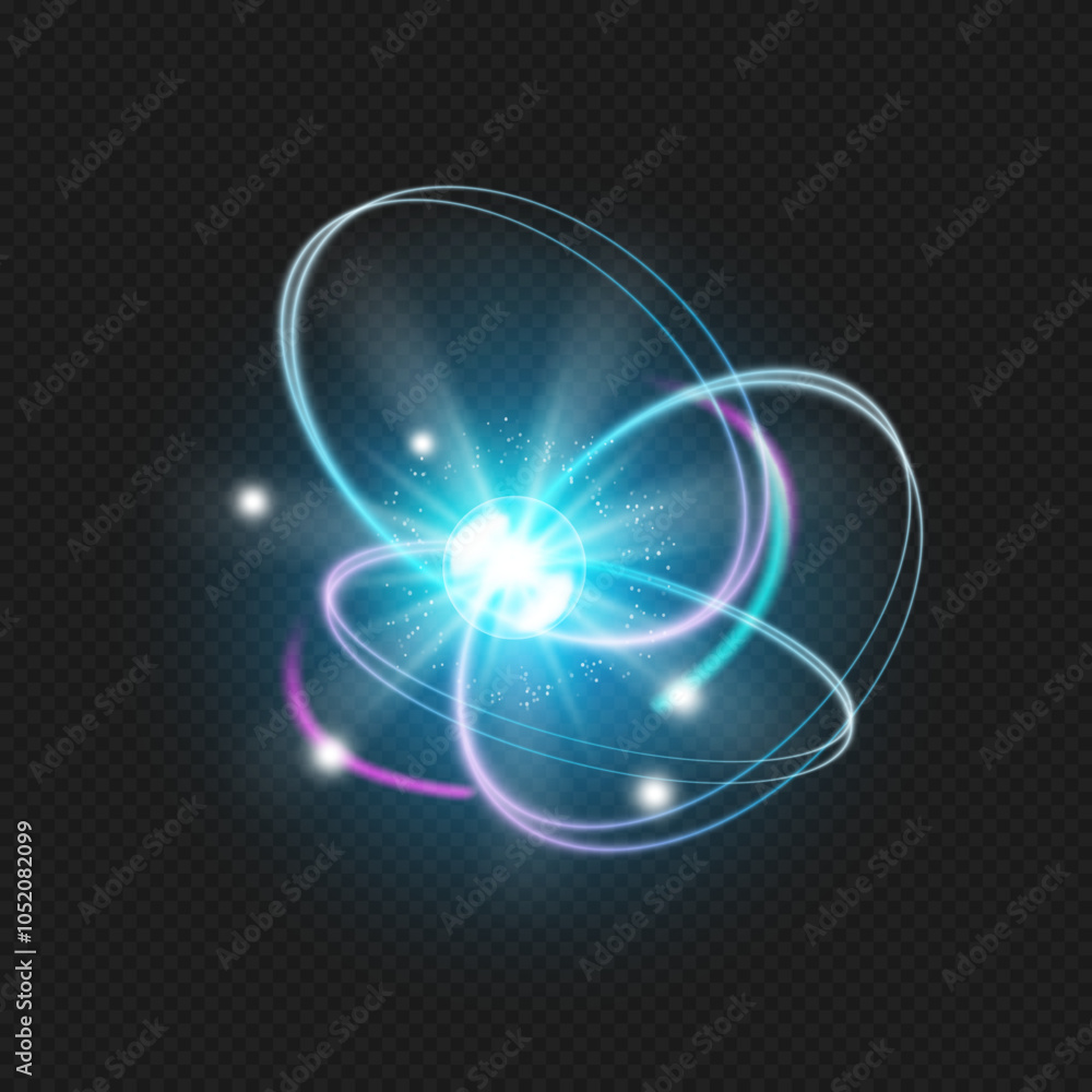 Atom with neon light. Vector ion elements with glowing and shining ...