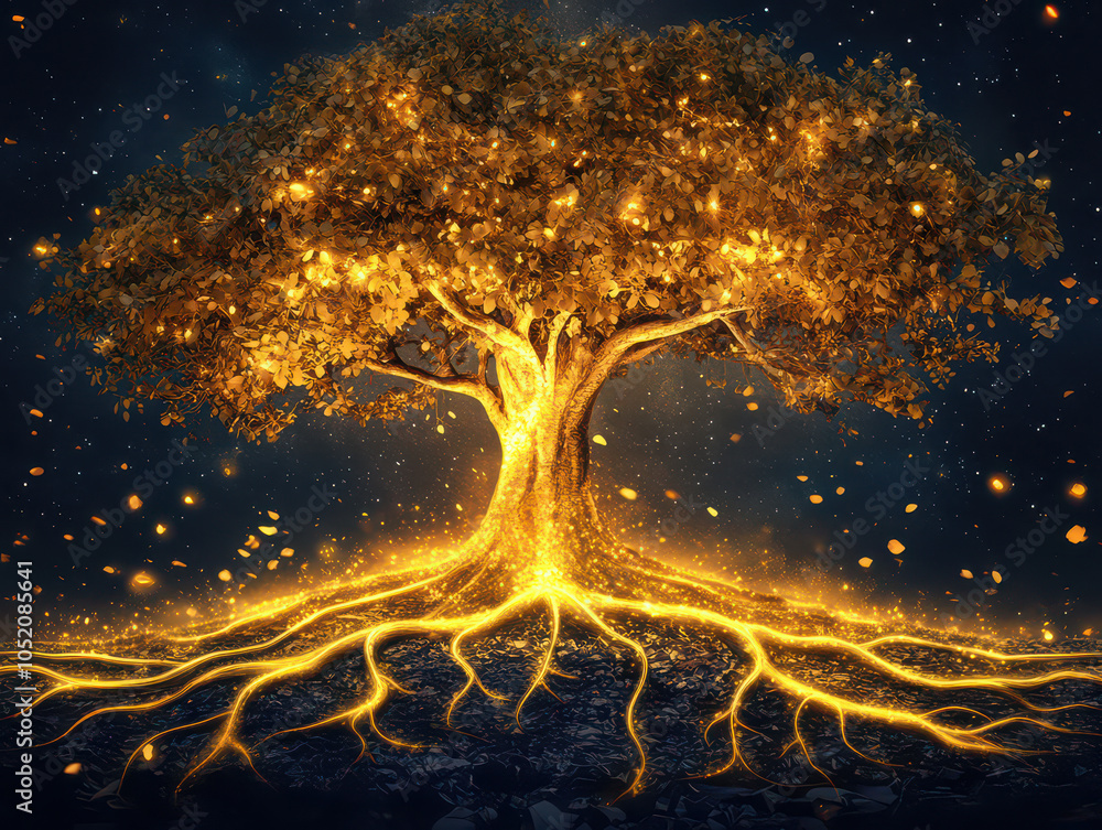 Majestic golden tree with radiant roots glowing against a starry night ...