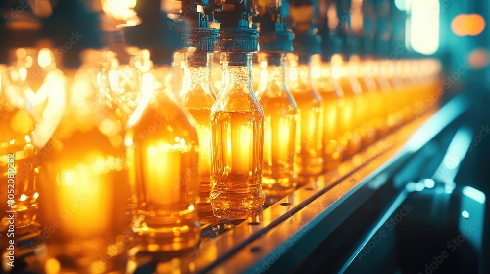 Orange Juice Bottling Process on Conveyor Belt in Modern Food Factory ...