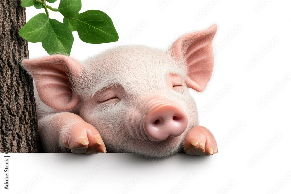 a 2D cartoon illustration of a baby pig sleeping under a tree cozy and ...