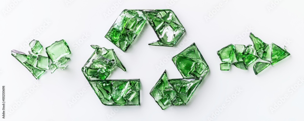 Fragmented glass arranged in a recycling arrow shape, translucent green ...