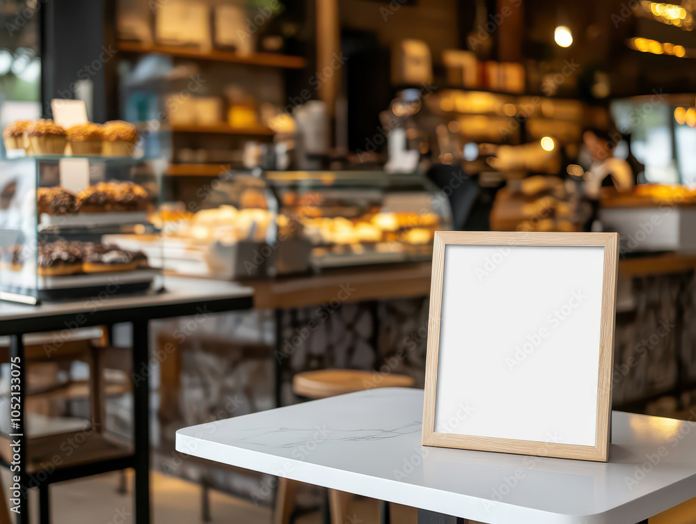 Cozy bakery interior with blank wooden frame on a marble table ...