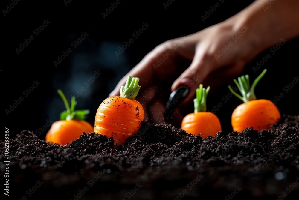 A vampire harvesting carrots in a dark, misty garden under moonlight ...