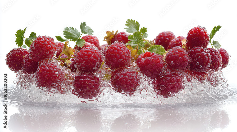 Splashes of fresh raspberries and strawberries in clear transparent ...