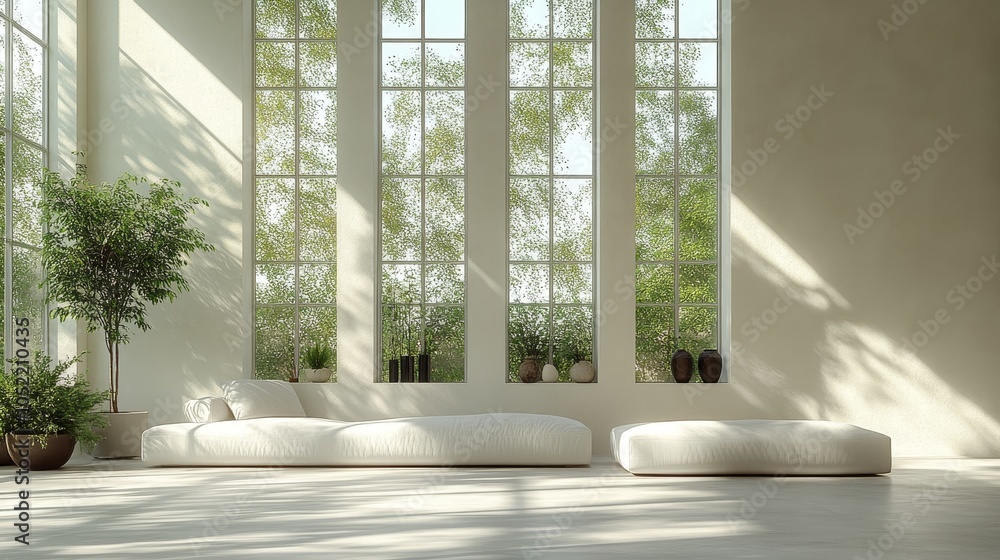 A spacious minimalist room harmoniously blends natural light pouring ...