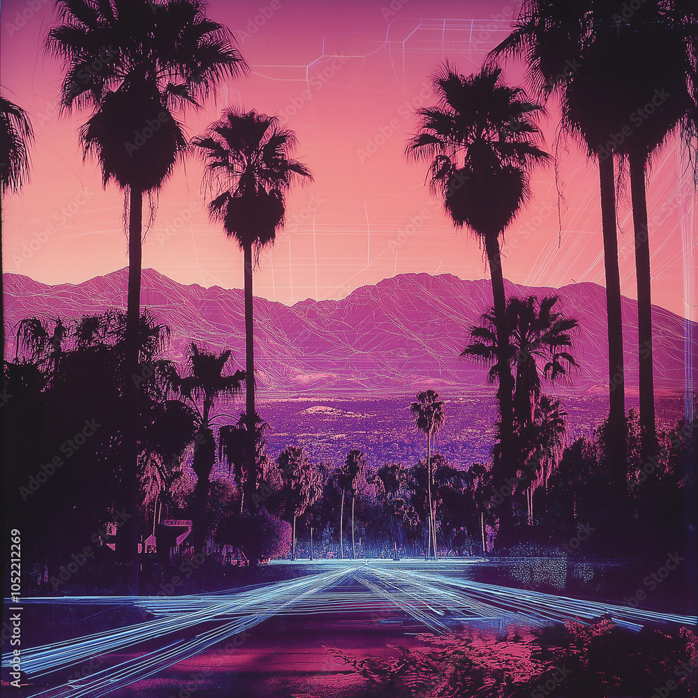 Retro-futuristic vaporwave landscape featuring a neon pink and purple ...